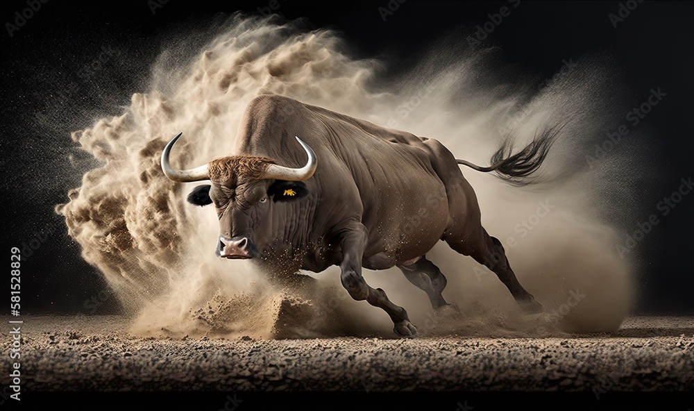 a bull is running through the dust with it's eyes open and it's head in ...