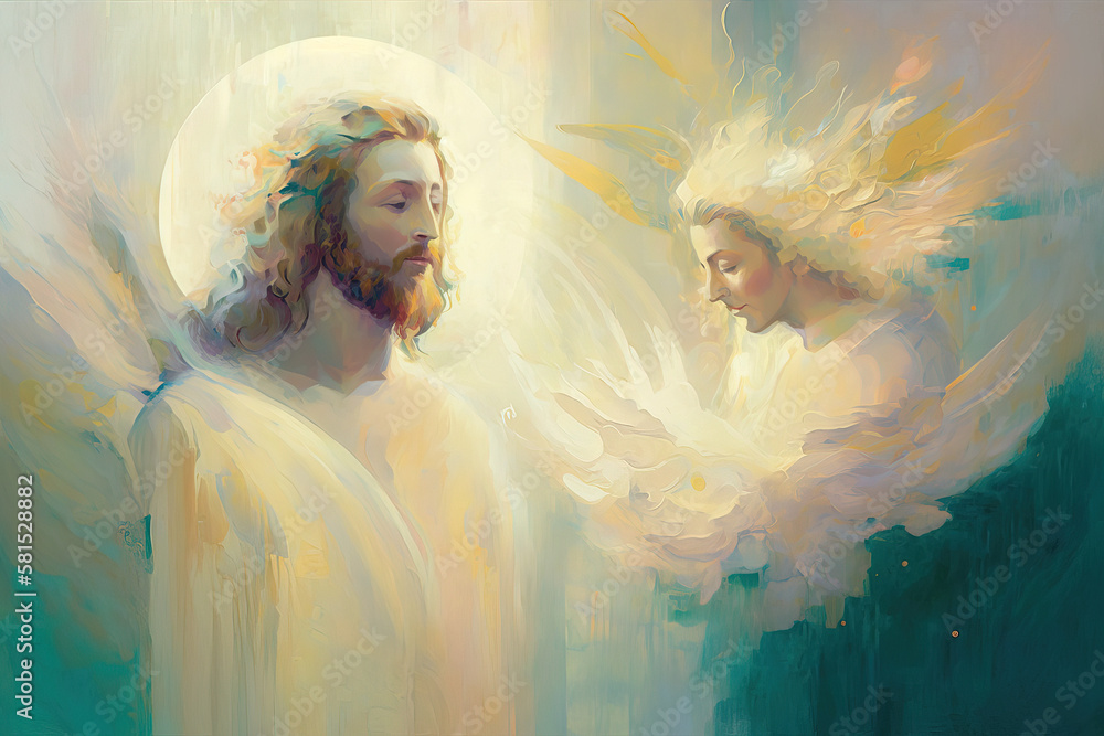 Baptism of Jesus in ethereal abstract style with soft colors and lines ...