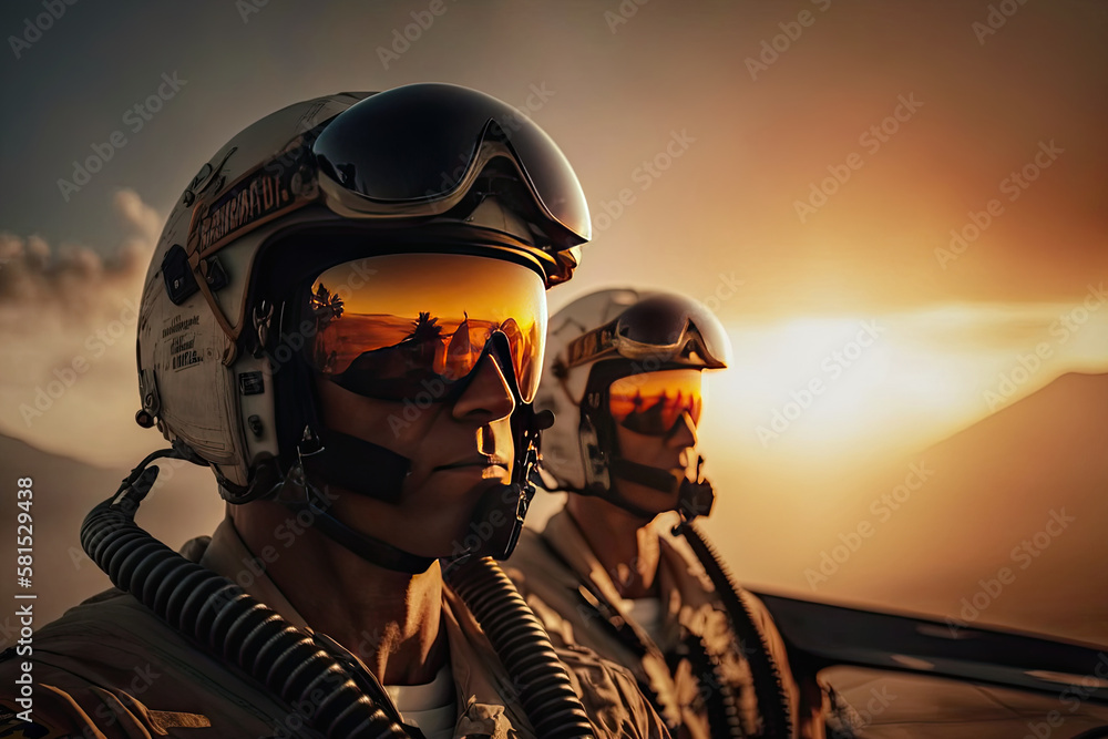 Military pilots in jet fighter cockpit at sunset. Military aviation ...