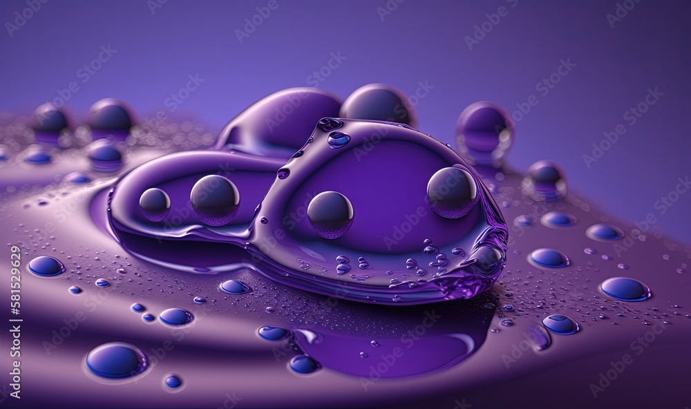a purple liquid with drops of water around it on a purple surface with ...