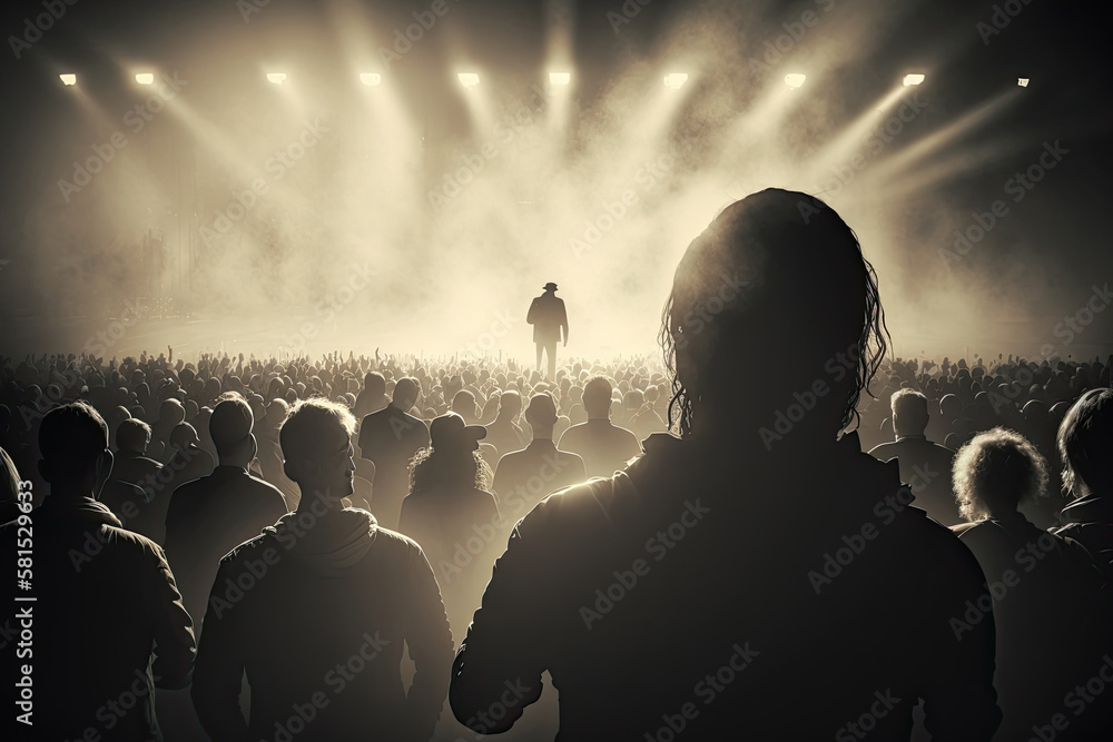 ภาพประกอบสต็อก Silhouettes of people in front of concert stage, crowd ...