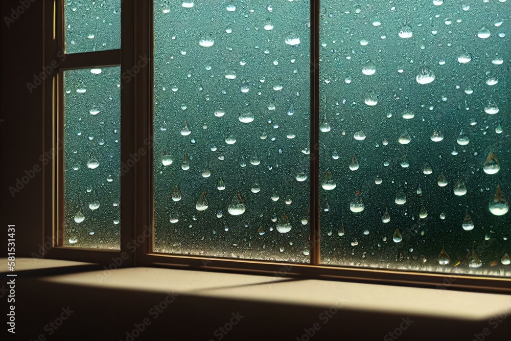 Detailed image of waterdrops op a window with out of focus blue sky and ...