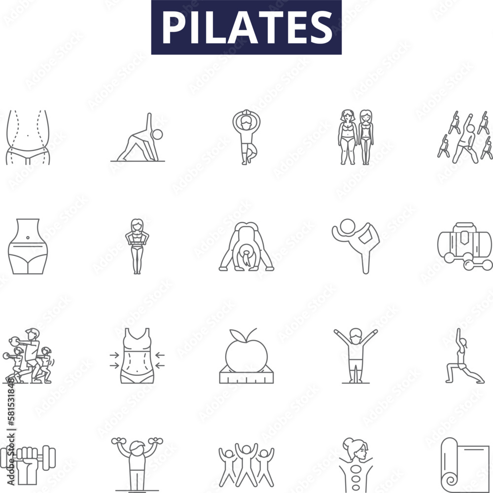 Pilates line vector icons and signs. Reformer, Mat, Contrology, Balance ...