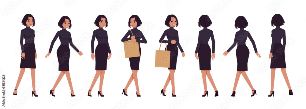 Business woman professional lady set, attractive woman walk, run poses ...