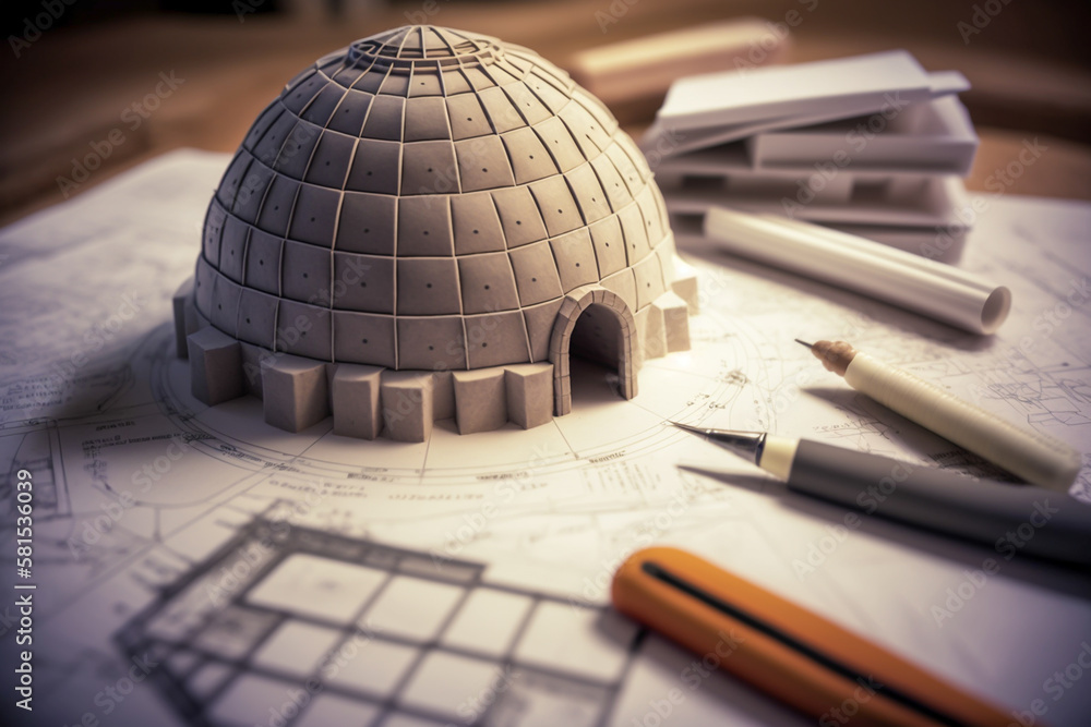 igloo under construction on blueprints, building projects concept ...