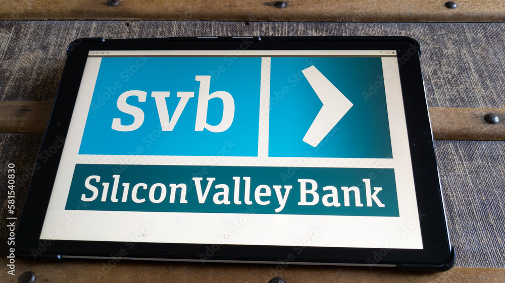 SVB logo brand and text sign of Silicon Valley Bank computer tablet ...