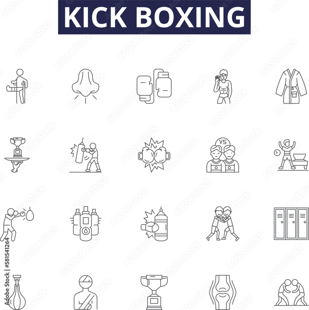 Kick boxing line vector icons and signs. Pummeling, Striking, Punching ...