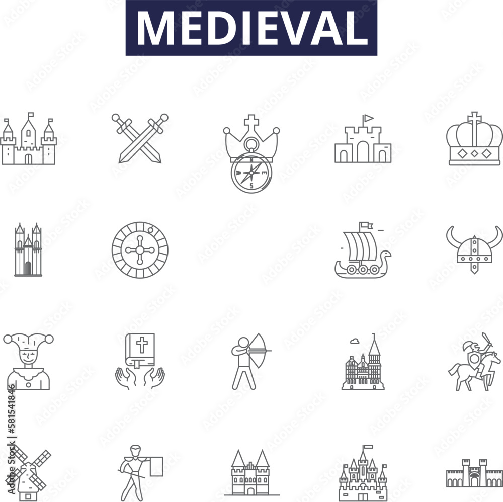 Vetor de Medieval line vector icons and signs. Knights, Armor, Swords ...