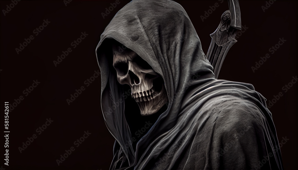 skeleton face in hood, death concept, dark, danger symbol, ai based ...