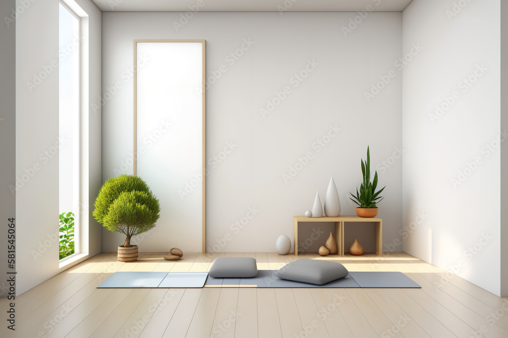 Interior design idea with blank background, empty yoga studio, mats ...