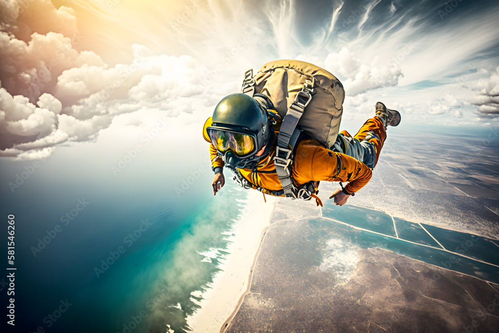 Athlete skydivers jump from an airplane falling in free fall above the ...