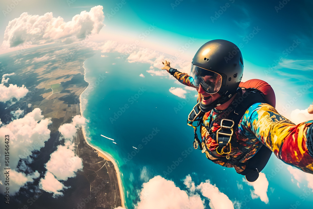 Athlete skydivers selfie take photo jump free fall from an airplane ...