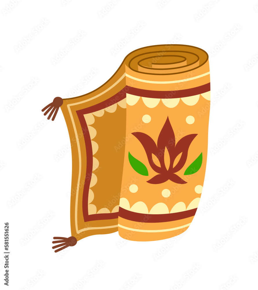 Cartoon wool carpet. Sticker with swirling roll of persian rug with ...