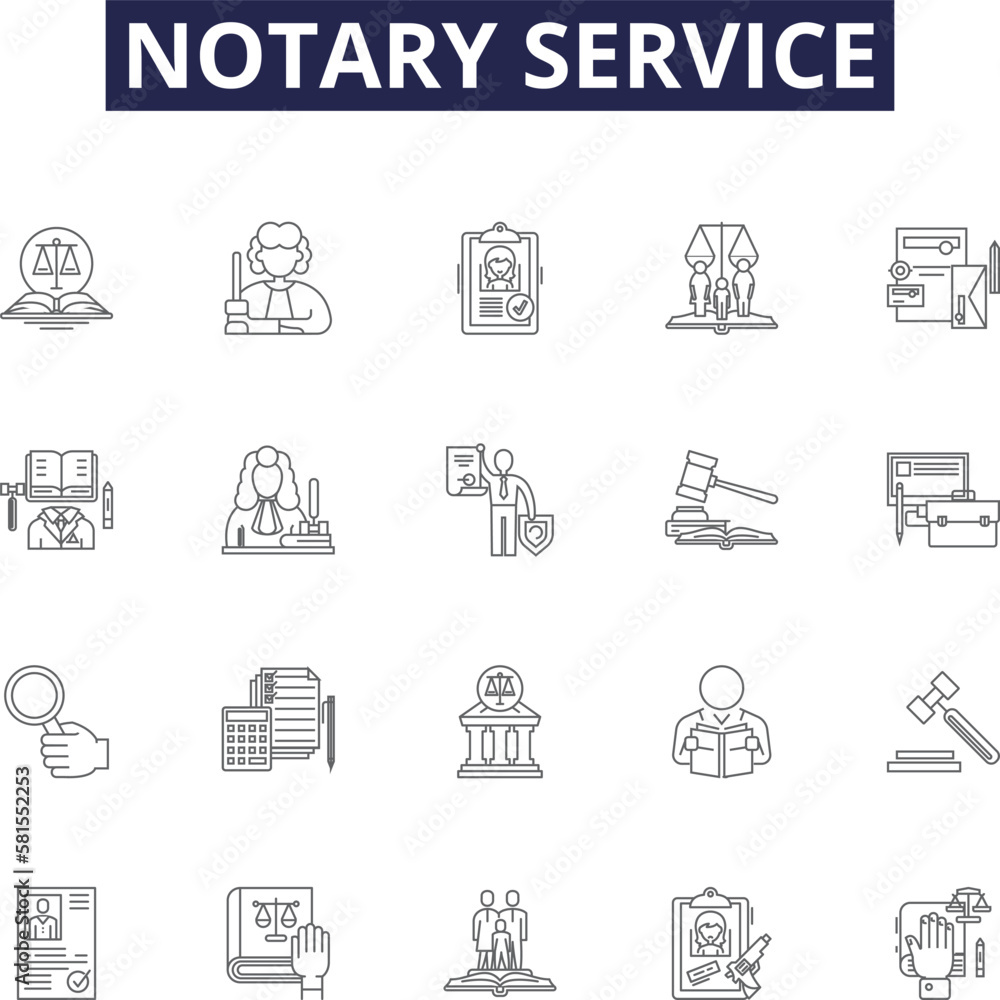 Notary service line vector icons and signs. Service, Signing, Document ...