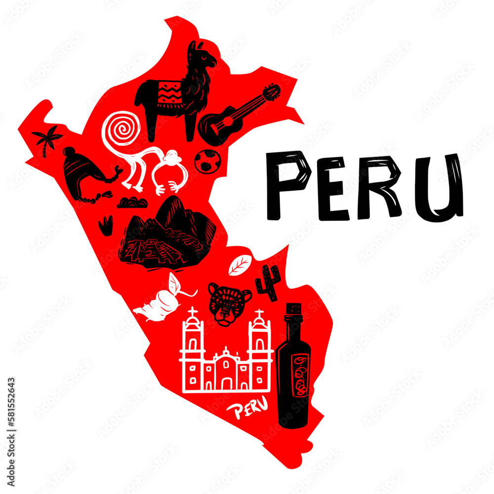 Vectorial hand drawn stylized map of Peru landmarks. Travel ...
