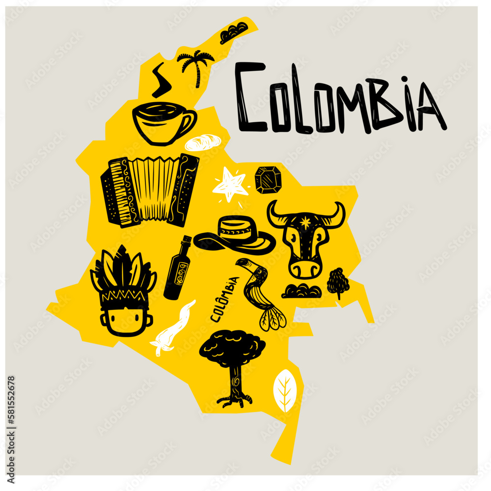 Saparated vector hand drawn stylized map of Colombia landmarks. Travel ...