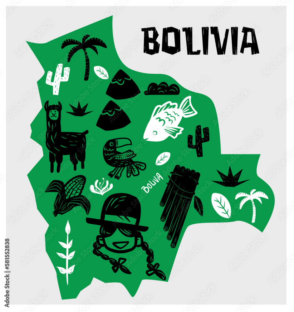 Vectorial hand drawn stylized map of Bolivia landmarks. Travel ...