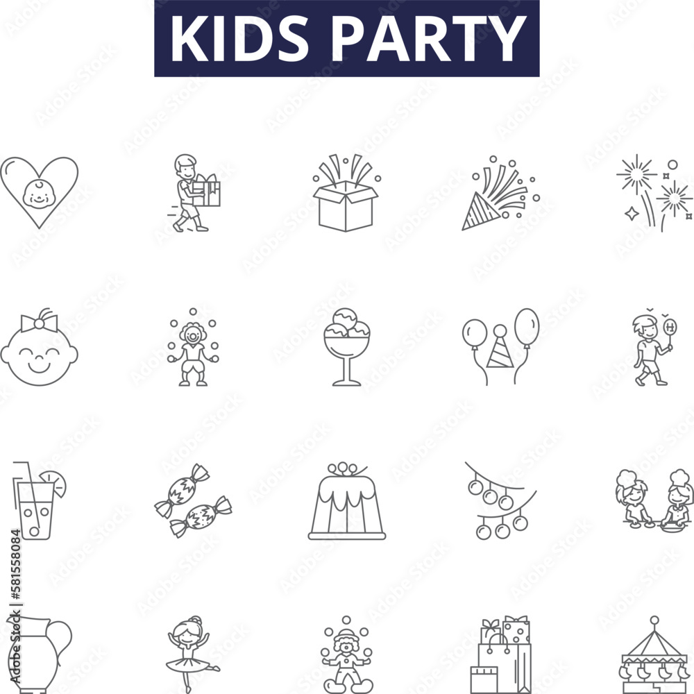Kids party line vector icons and signs. Birthday, Celebration, Fun ...