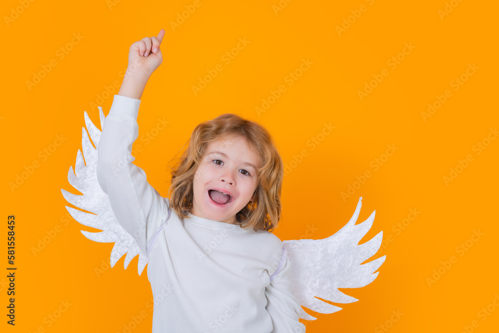 Excited little angel, amazed kids. Kid wearing angel costume white ...