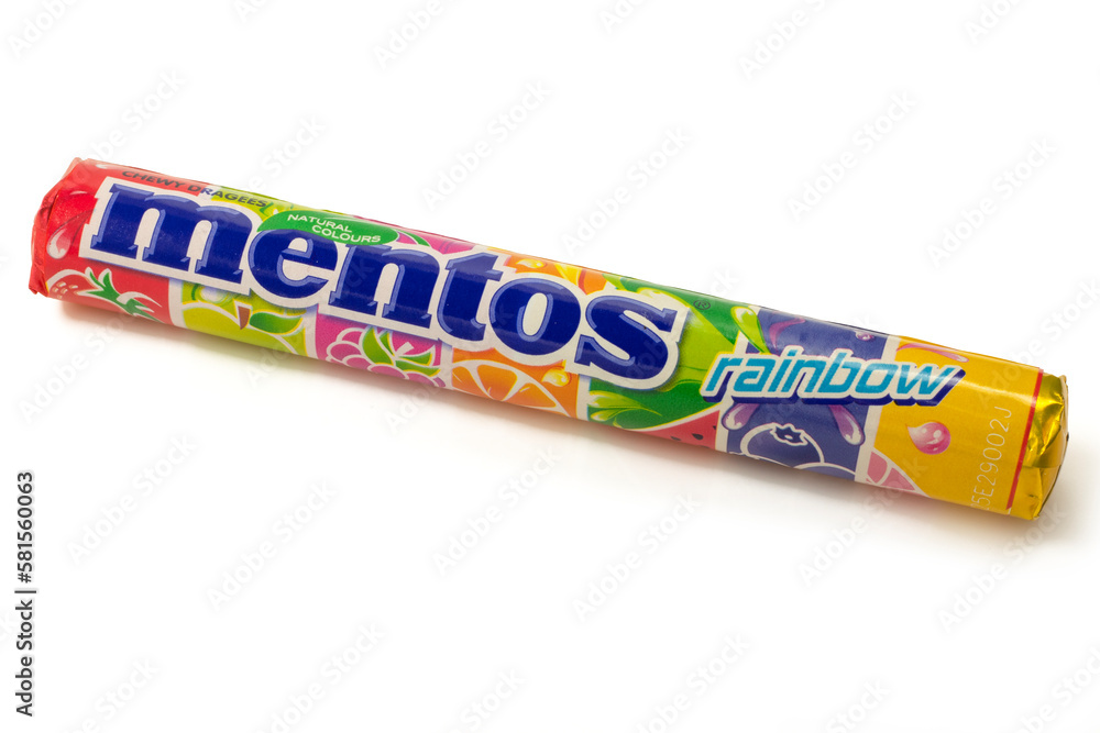 Mentos rainbow chewy dragees package isolated on white background Stock ...
