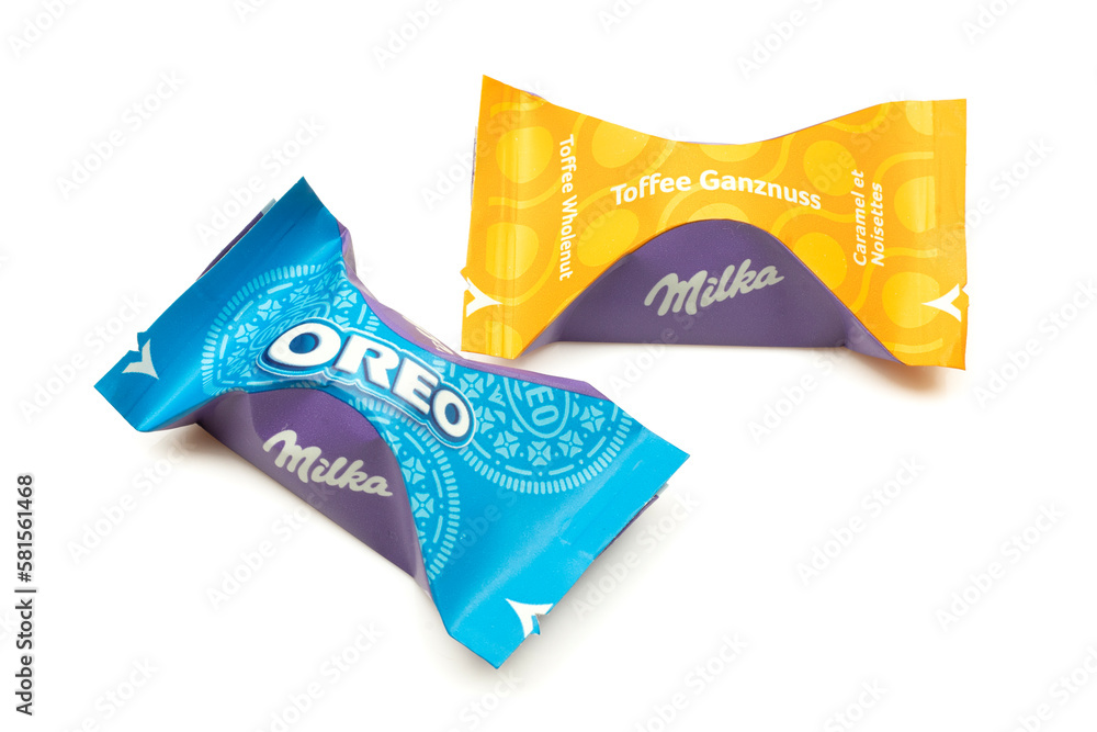 Mlka wholenut and Milka Oreo mini praline candies isolated on white ...