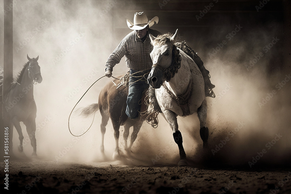 Cowboy about to lasso a running calf in a calf roping contest at a ...