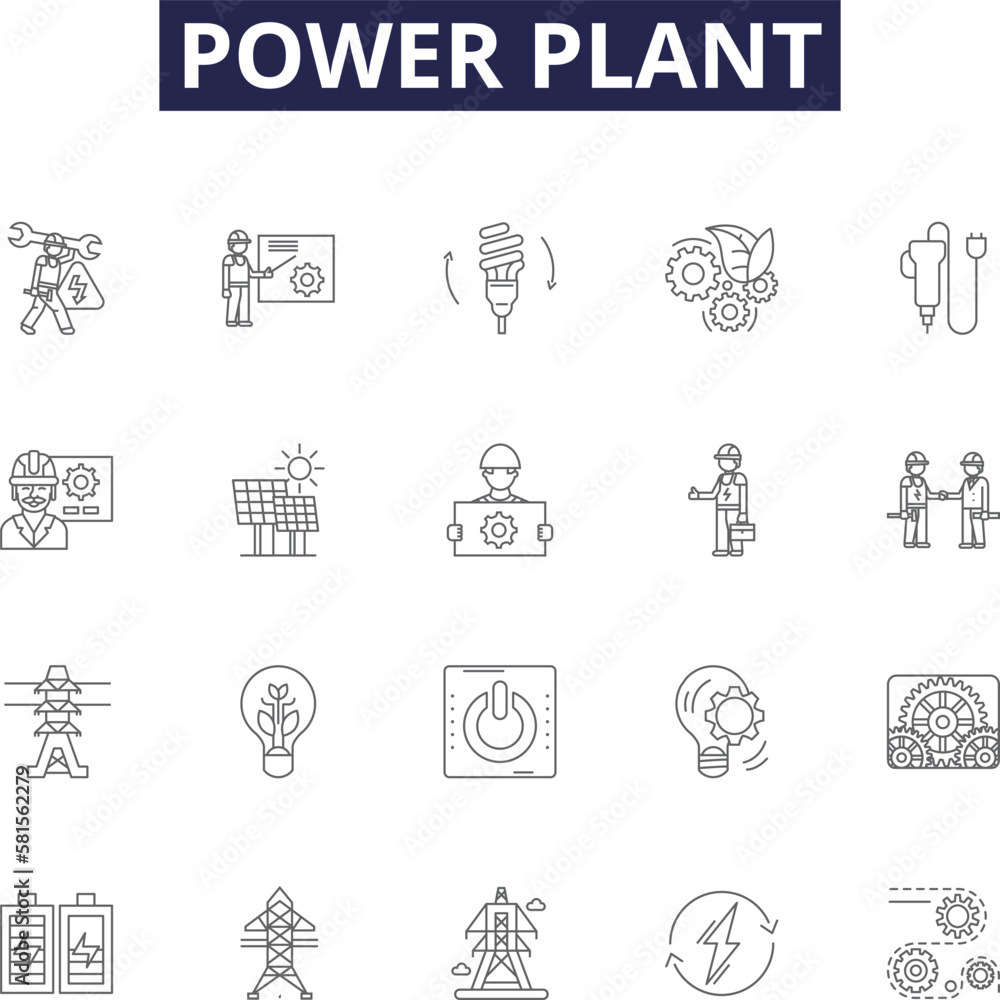Power plant line vector icons and signs. Generator, Turbine, Reactor ...