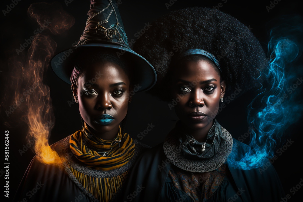 Two black female fire magicians on black background, Generative AI ...