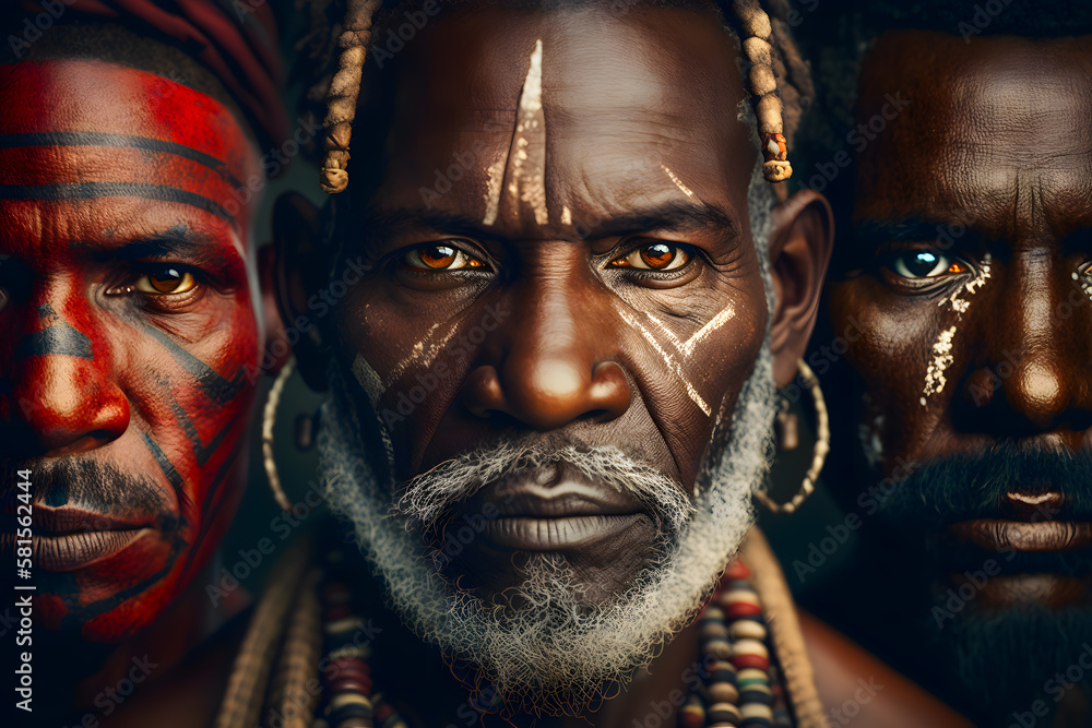 Three men's faces painted in traditional colors and paint patterns of ...