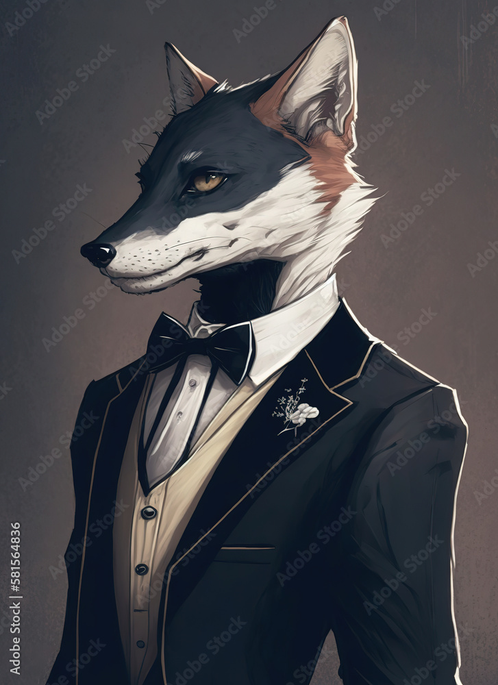 a drawing of a wolf in a tuxedo, anthropomorphic wolf, character art ...