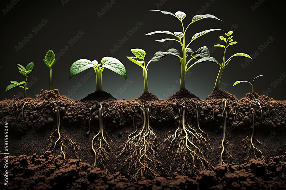 a row of young plants growing out of the ground, plant roots, art ...
