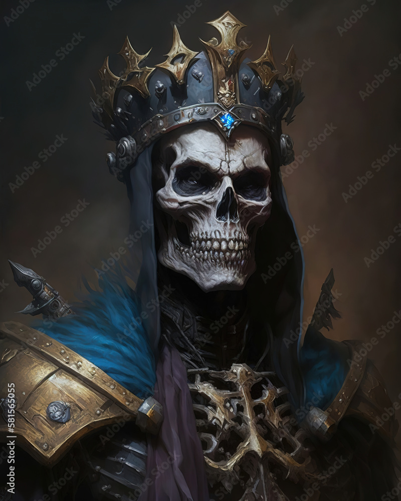 a skeleton in armor with a crown on his head, portrait painting of ...
