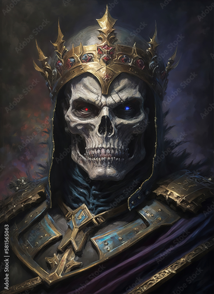 a skeleton in armor with a crown on his head, portrait painting of ...