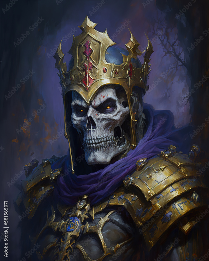 a skeleton in armor with a crown on his head, portrait painting of ...