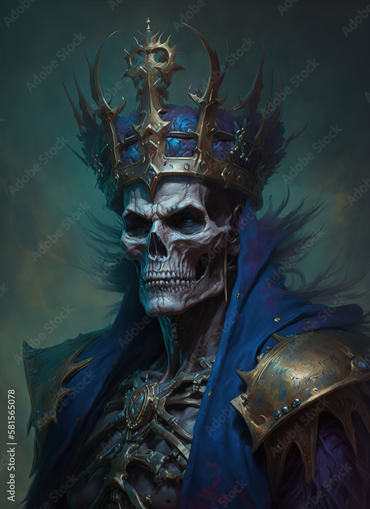 a skeleton in armor with a crown on his head, portrait painting of ...
