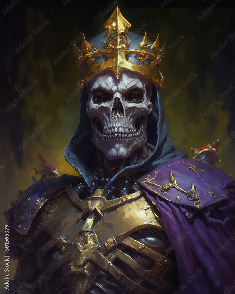 a skeleton in armor with a crown on his head, portrait painting of ...