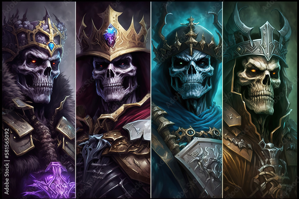 a skeleton in armor with a crown on his head, portrait painting of ...