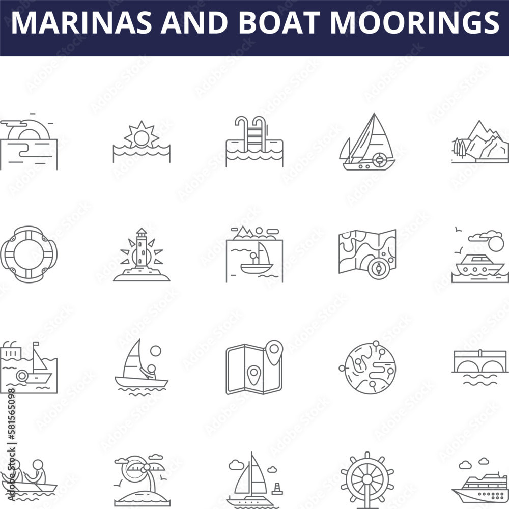 Vetor de Marinas and boat moorings line vector icons and signs. Boat ...