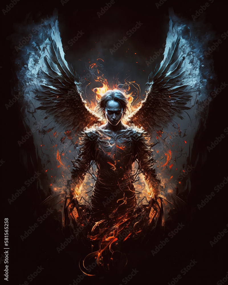 Angel with fire coming out of it, the angel of death with a halo, the ...