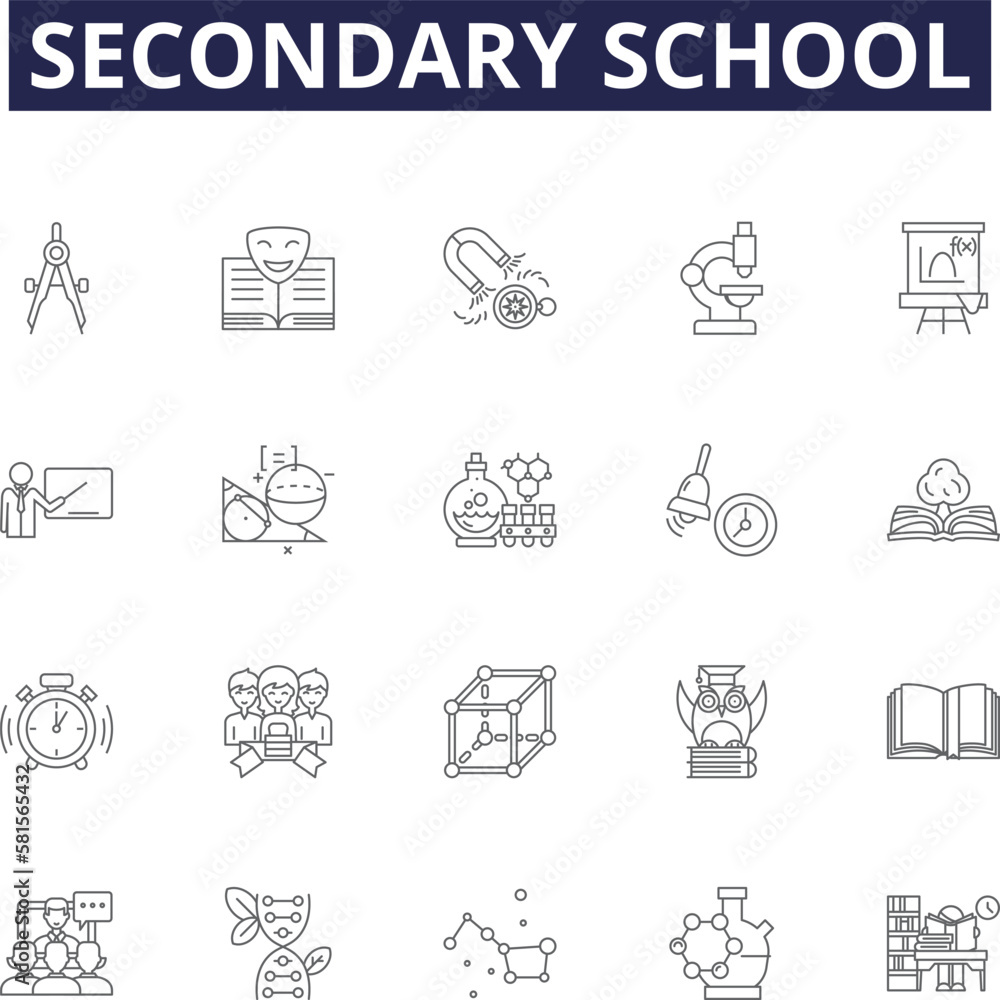Secondary school line vector icons and signs. Junior High, Academy ...