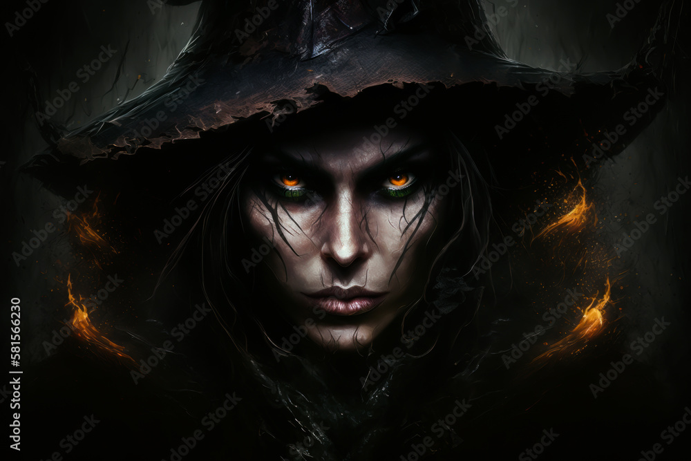 Young female magician on black background, Generative AI. Young witch ...