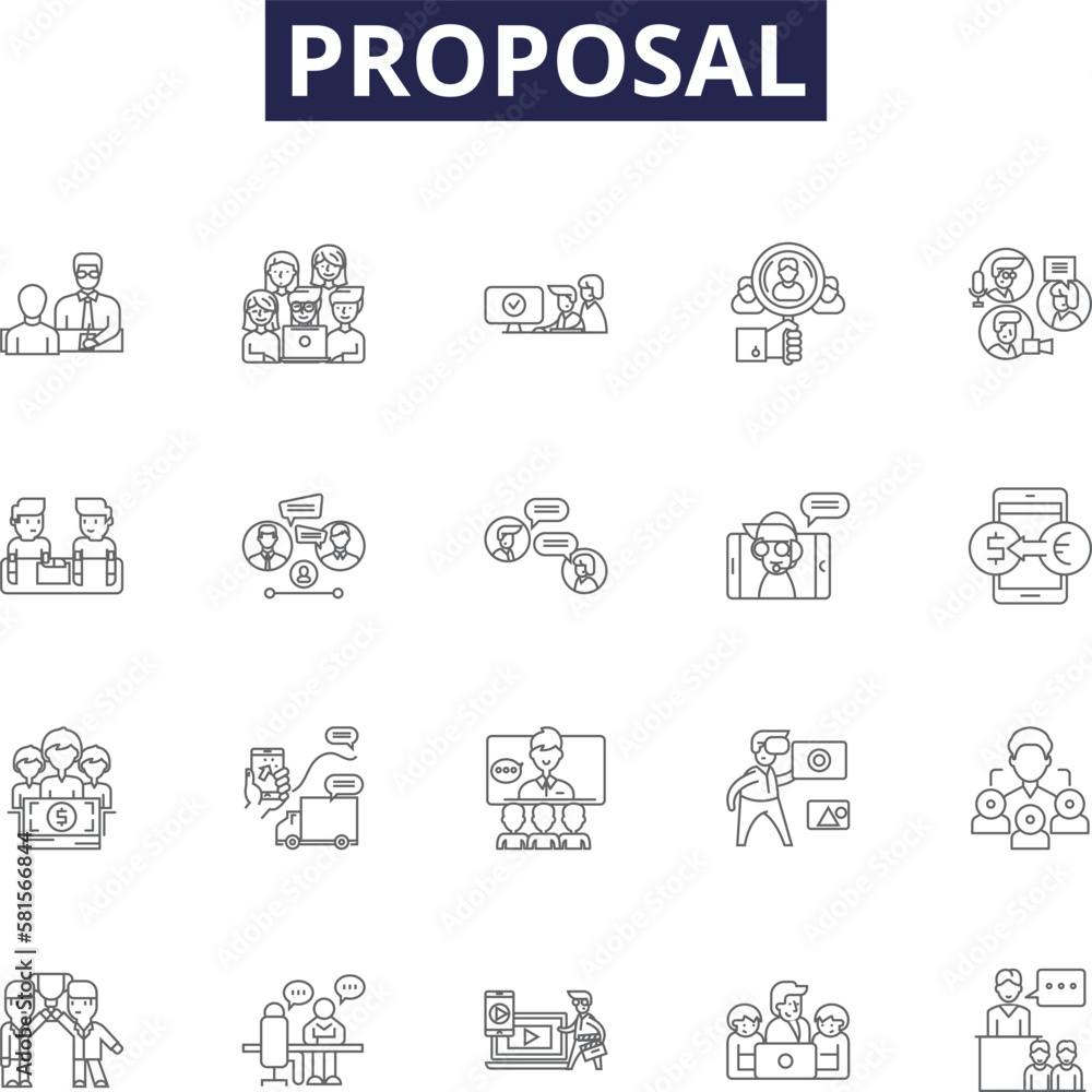 Vetor de Proposal line vector icons and signs. Offer, Pitch, Plan ...