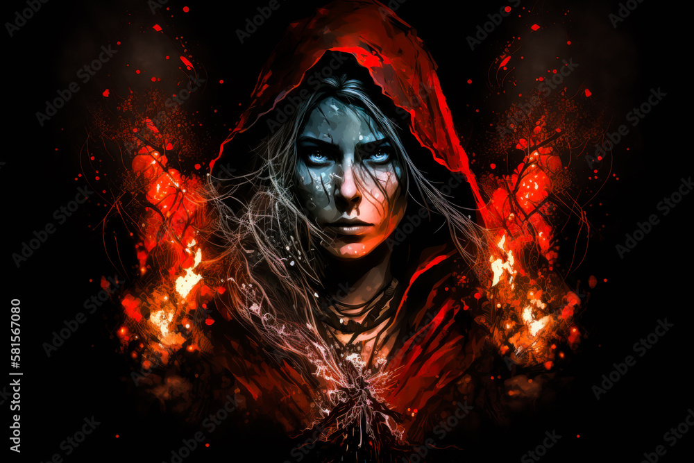 Female fire magician on black background, Generative AI. Fire witch ...