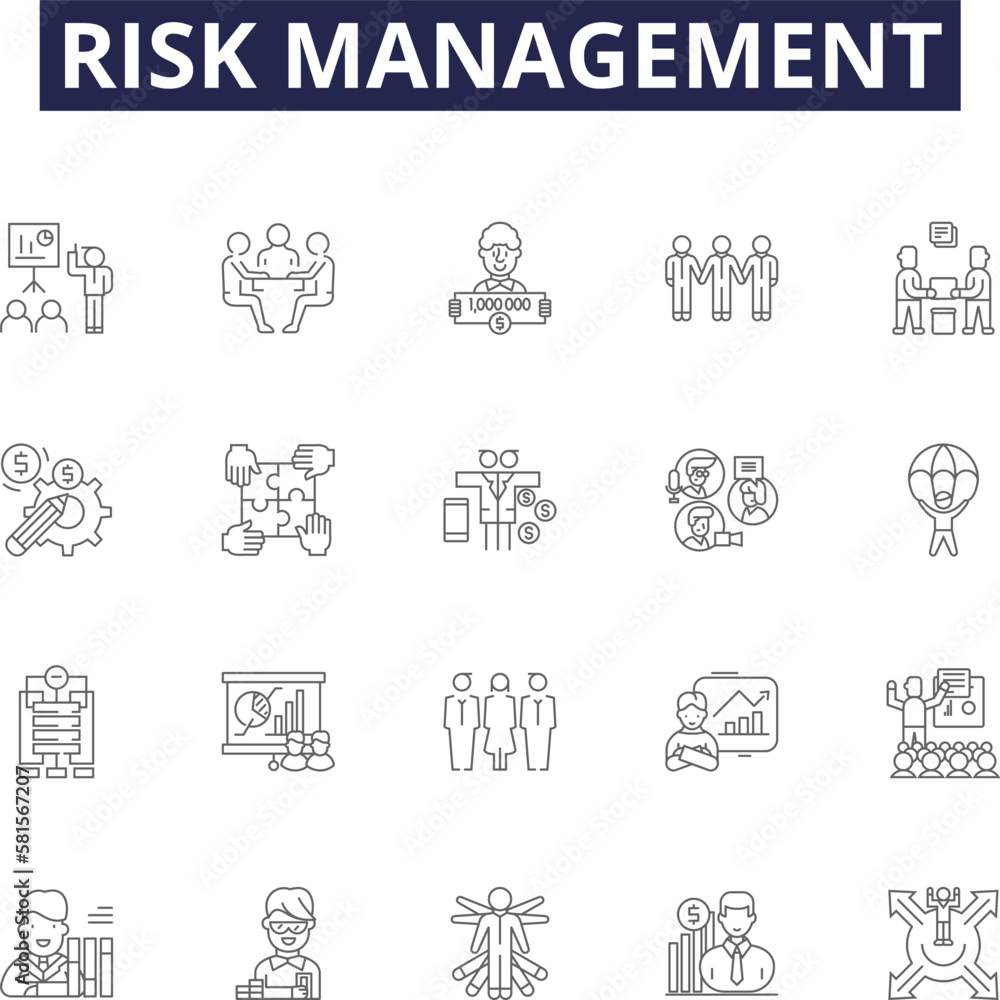Risk management line vector icons and signs. Monitoring, Evaluation ...
