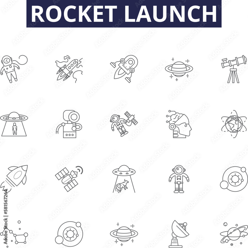 Rocket launch line vector icons and signs. Rocket, Liftoff, Ignition ...