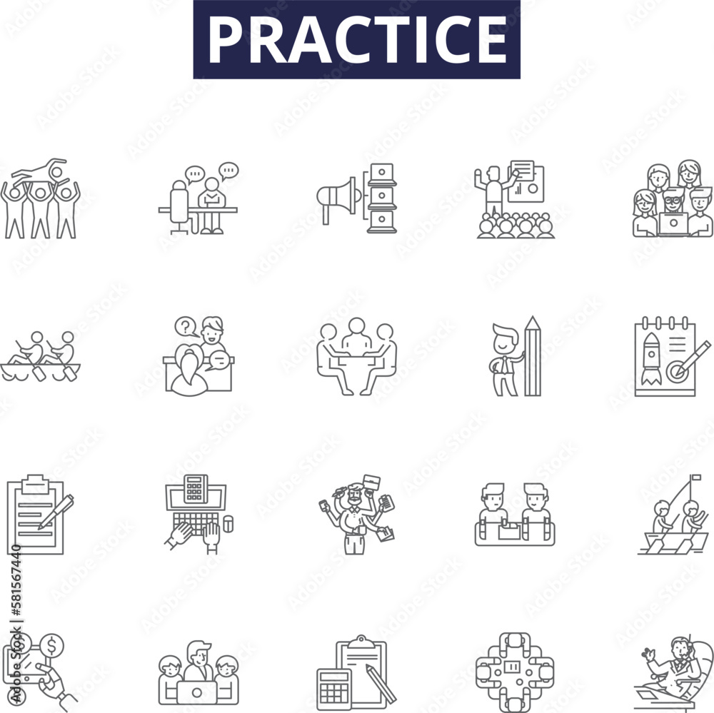 Practice line vector icons and signs. Rehearse, Exercise, Repeat ...