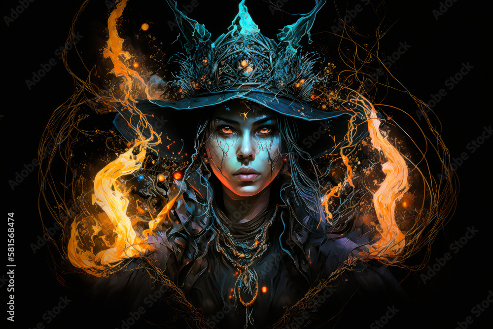 Female fire magician on black background, Generative AI. Fire witch ...