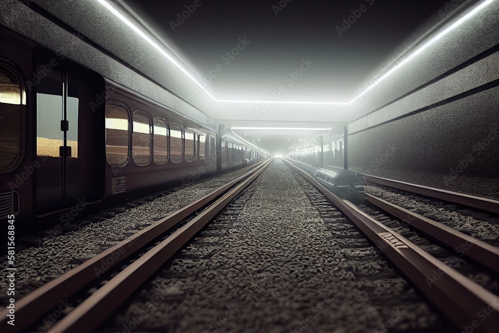 a train is moving through a tunnel with lights on it's sides and a long ...