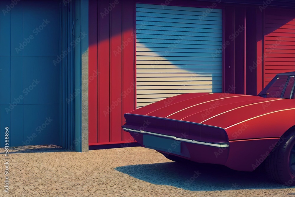 Car in the garage with roller shutter door. 3d render. Generative AI ...