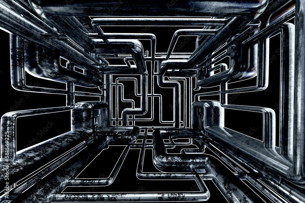 Old pipes. Background with pipeline. Metal pipes on black. Gloomy ...